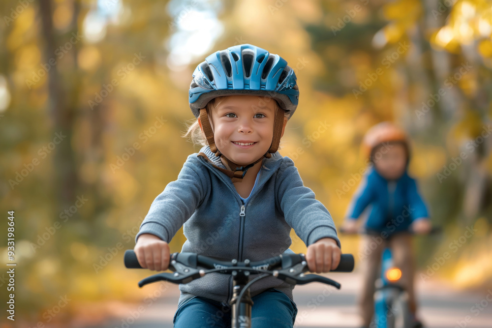 Child riding bike. Kid on bicycle in sunny park. Little girl enjoying ...