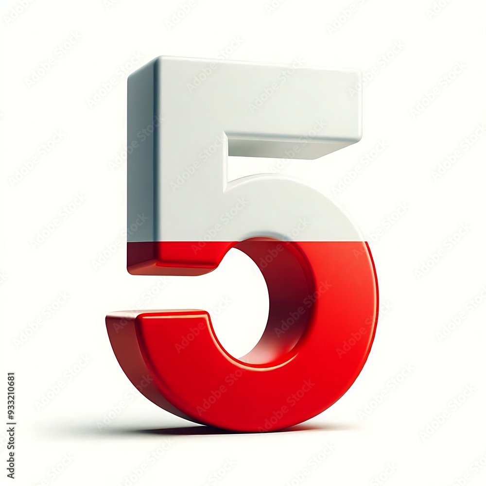 A red and white number 5 is shown in a 3D form. The number is ... A red and white number 5 is shown in a 3D form. The number is ...