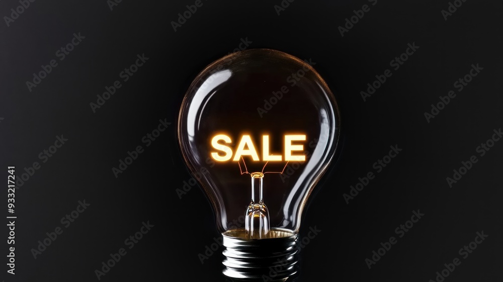 Light bulb with glowing Sale text inside on black background ...