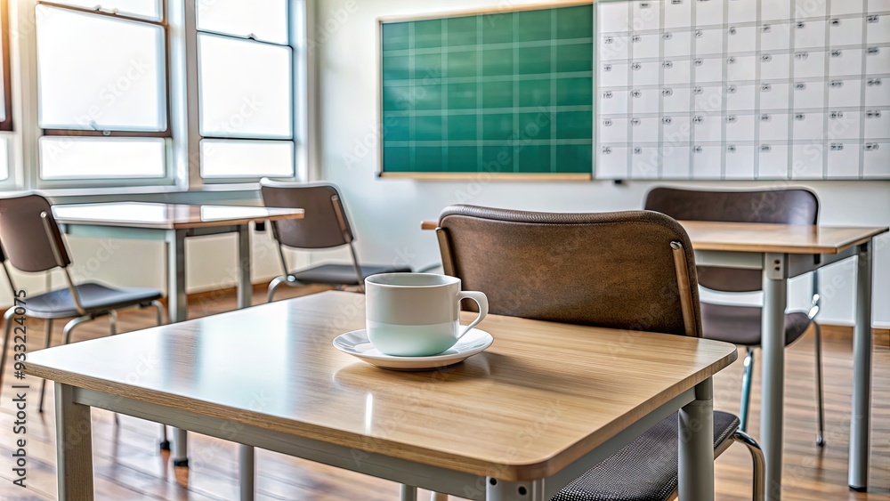 Empty classroom desk with chairs, parent-teacher conference schedule ...