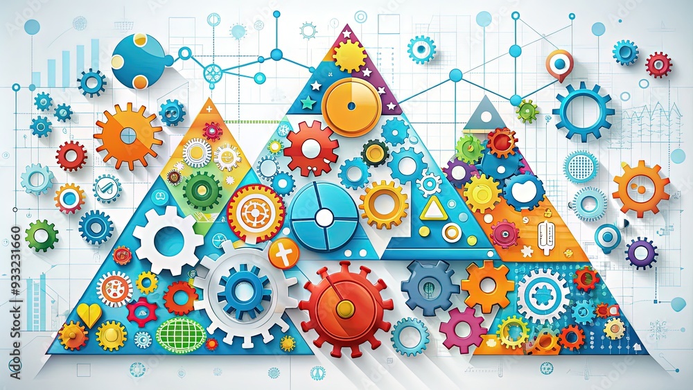 Colorful infographic illustration featuring a triangle made up of gears and puzzle pieces ...