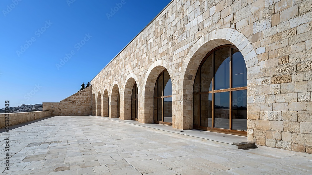An ancient synagogue's exterior with stone walls and arched windows ...