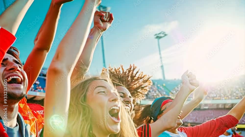 A group of people are cheering at a sporting event. A woman is the ...