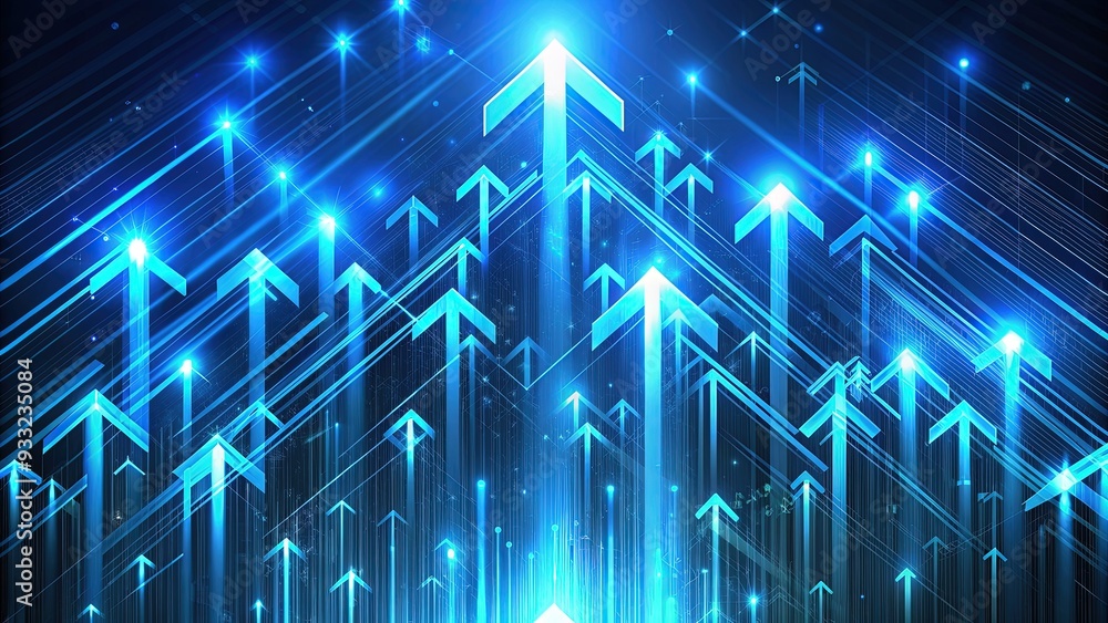 Abstract futuristic background with glowing blue digital waves and arrows made of light pointing ...