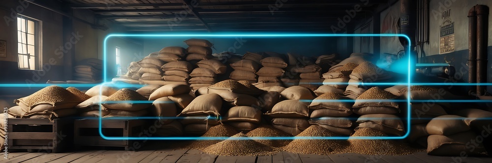 sacks of wheat in a grains warehouse. bulk rice procurement, production ...