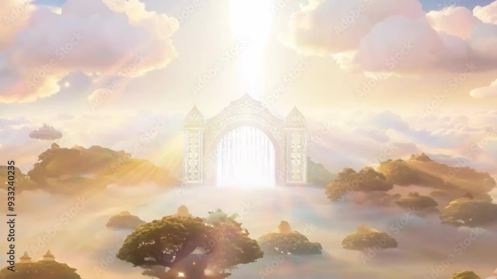 Beautiful gates to heaven in sky. Path through heavenly garden of Eden ...
