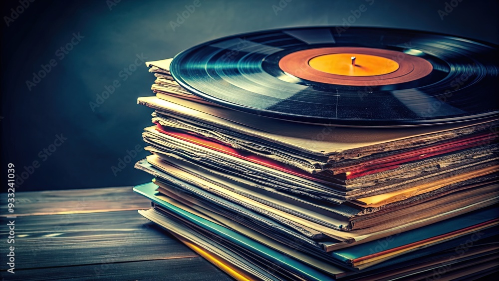 Vintage vinyl records stacked on top of each other, with colorful ...