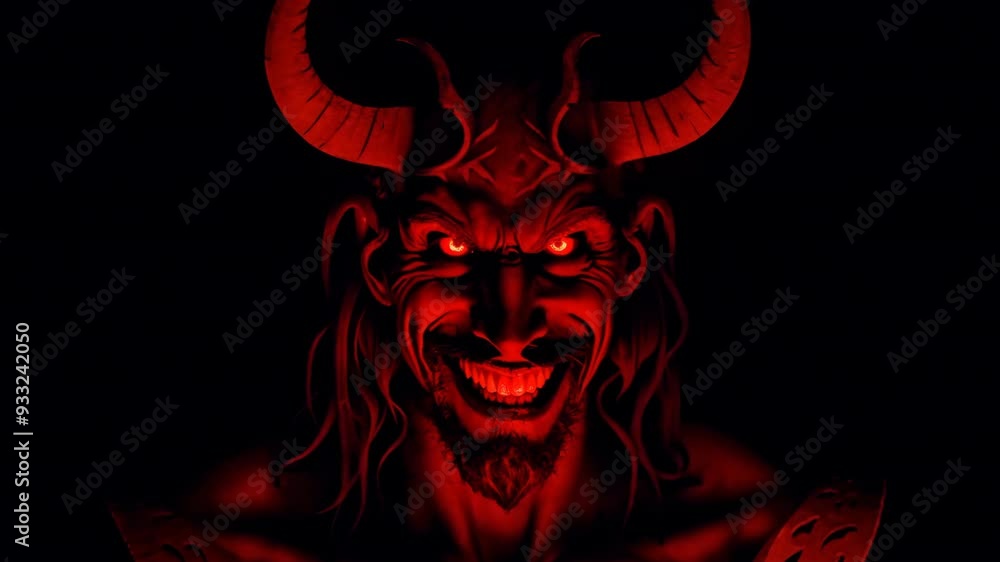 Evil demon with horns looking at camera. Red fire flames appears. Black ...