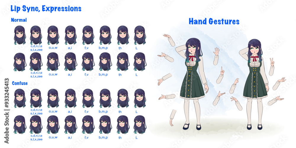 A cute korean confuse girl cartoon character creation set with lip sync ...