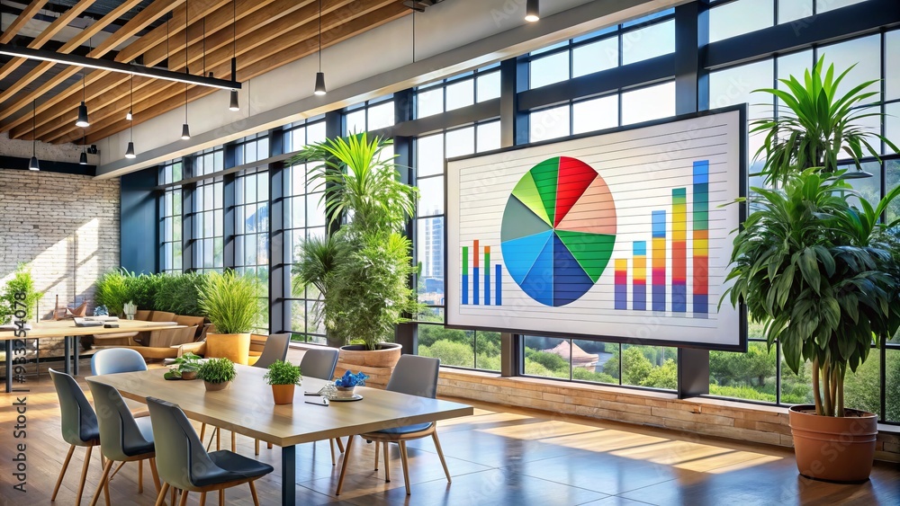 bright and colorful infographic on a large screen with animated pie ...
