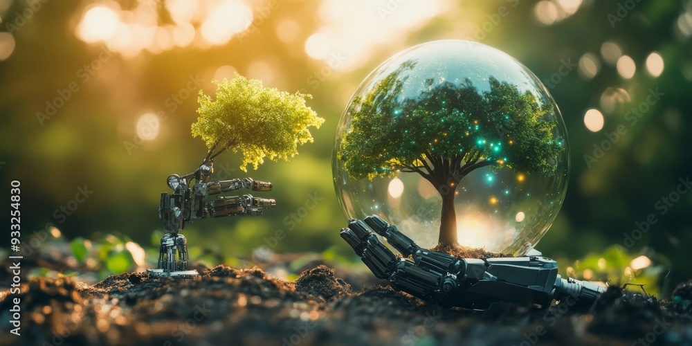Eco-Tech Harmony: Robot Hand Holding Earth Crystal Ball with Tree ...