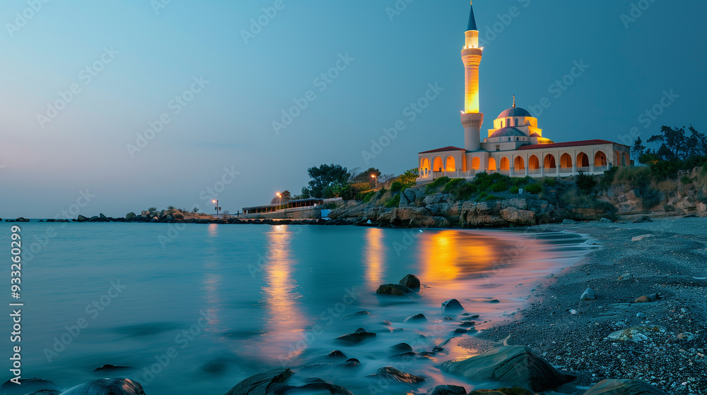 beautiful mosque with minaret at beach coast at night, right space for ...