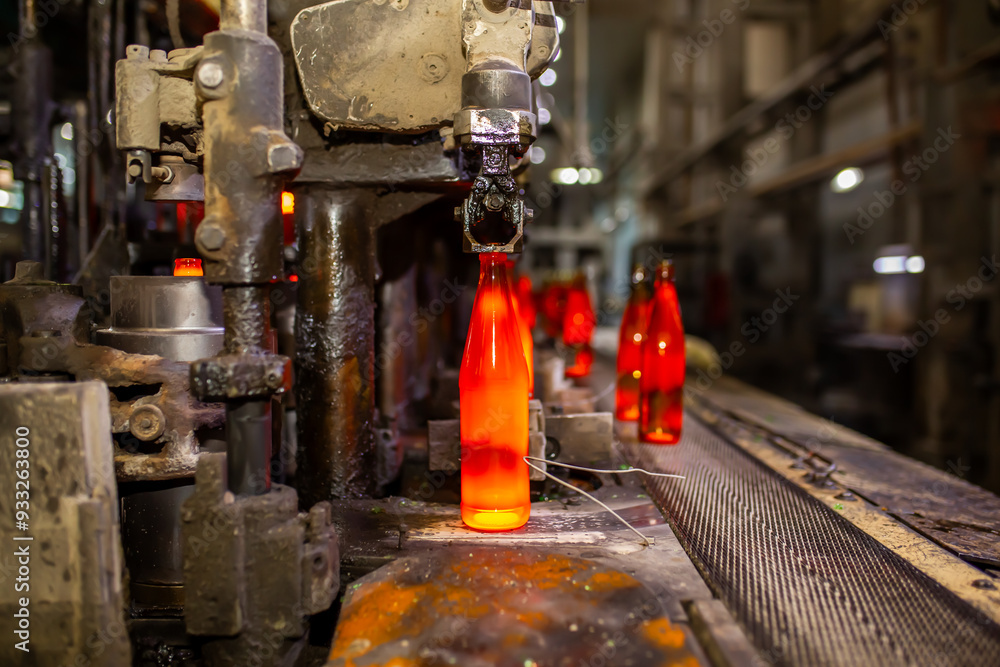 Glass factory, production of glass containers. Molten glass is blown ...