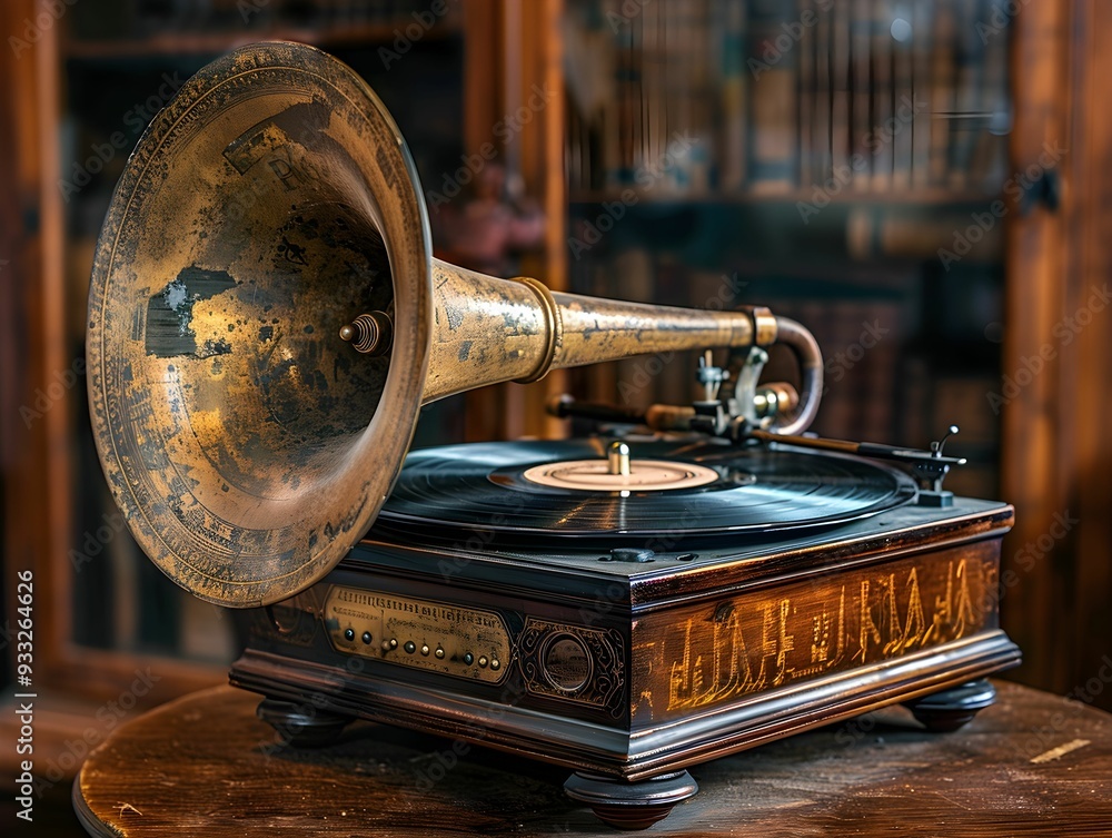 Antique gramophone playing a vinyl record in a vintage library setting ...