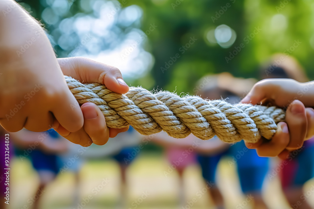 kid children hands holding rope playing tug of war during joint ...