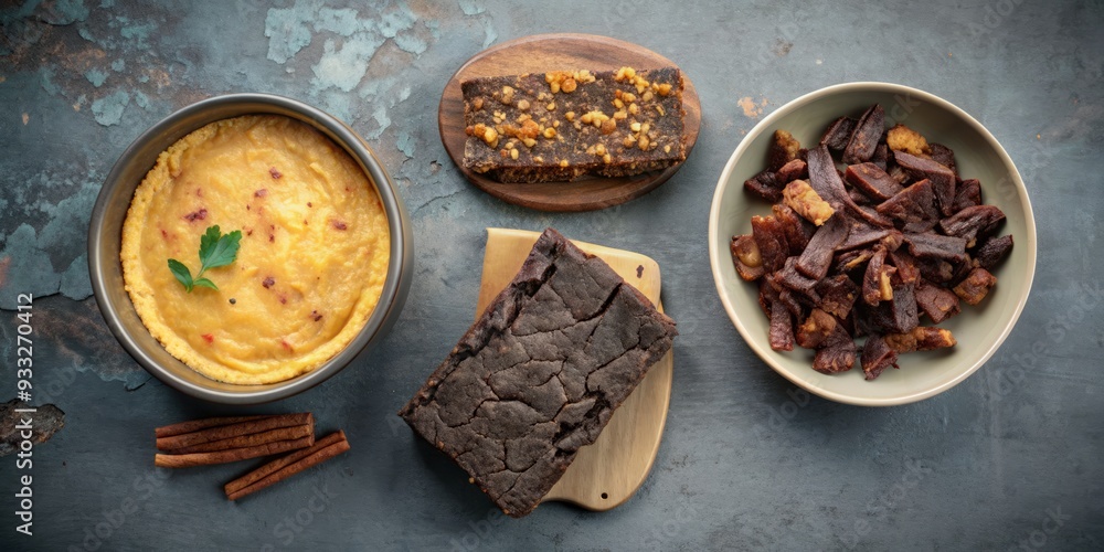Vibrant still life of traditional South African delicacies, bobotie ...