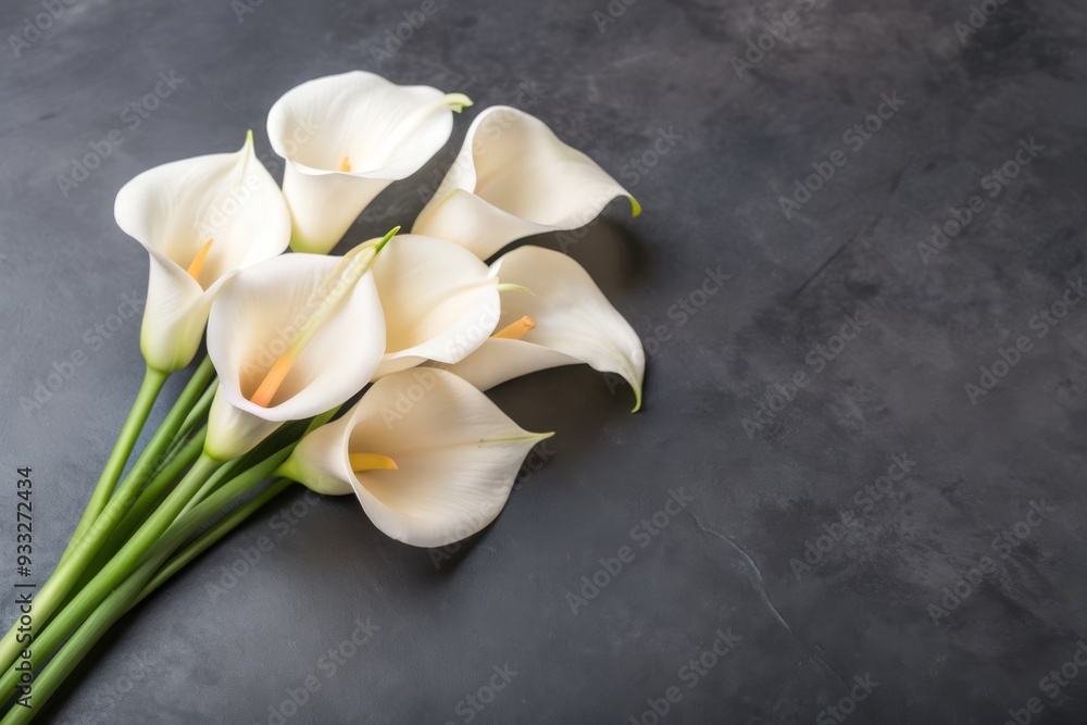 Sleek white calla lily blooms on a soft grey background, conveying ...