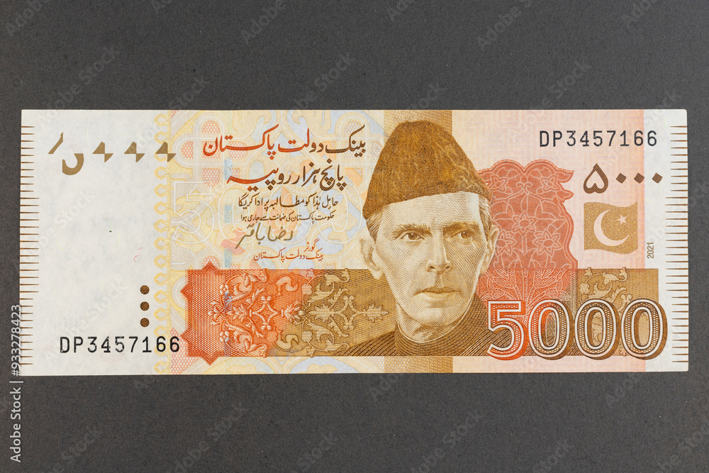 Pakistani 5000 Rupees Brown Color Banknote Front Feathering Muhammad ...