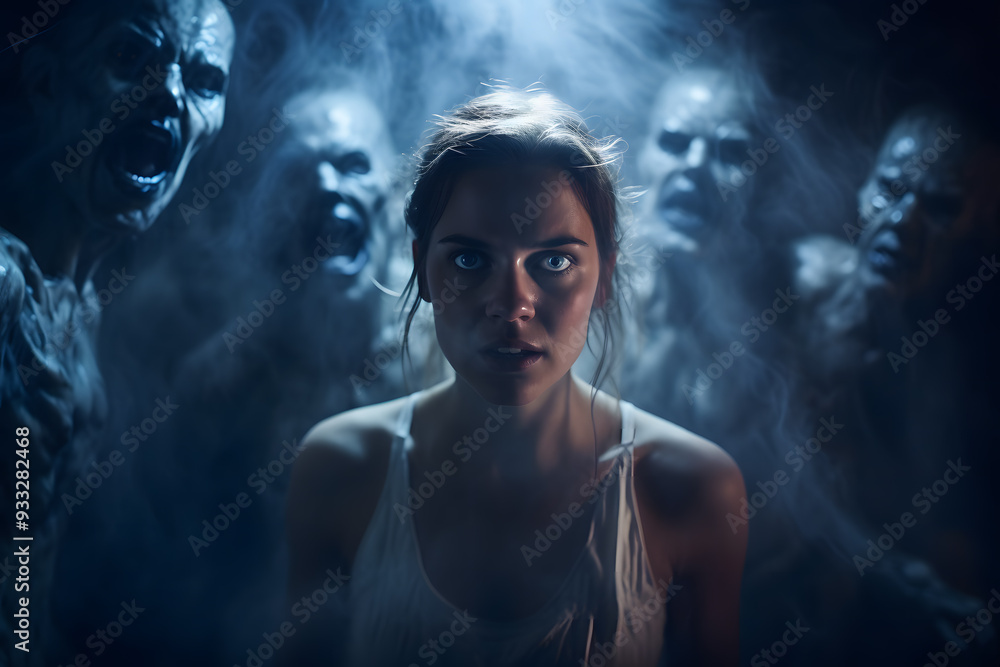 Intense, frightened look of a woman in a dream surrounded by monsters ...