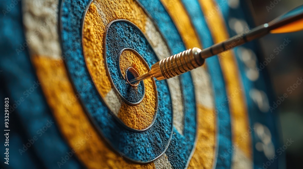 dart piercing the bullseye of a blue and yellow target sharp focus on ...