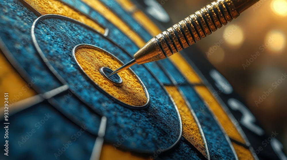 dart piercing the bullseye of a blue and yellow target sharp focus on ...