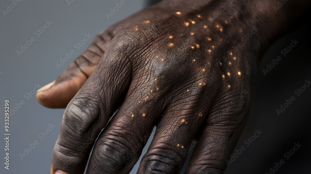 Monkeypox, Patient with Monkey Pox. Painful rash, blisters on the hand ...