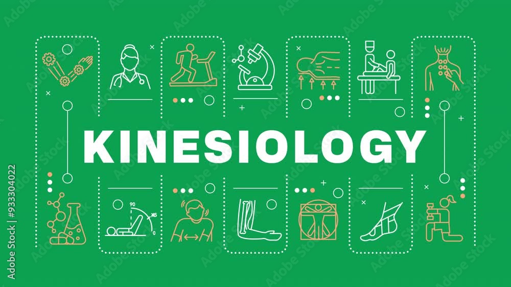 Kinesiology word banner animation. Physiotherapy exercising ...