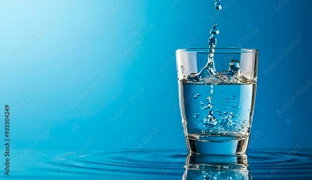 Water is being poured into a clear glass against a blue background ...