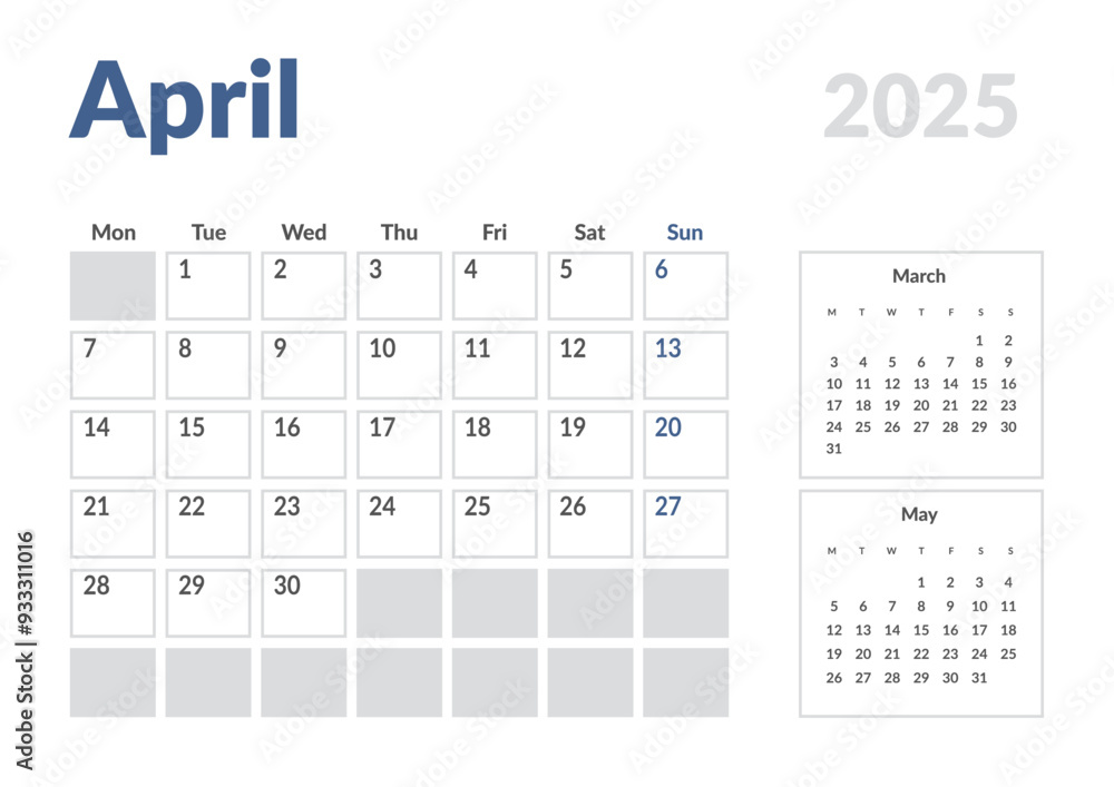 Monthly page Calendar Planner Template of April 2025. Vector layout of ...
