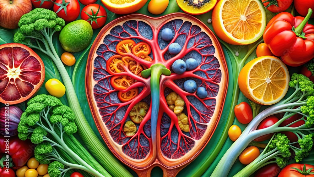 A colorful illustration of a kidney's internal structure, highlighting ...