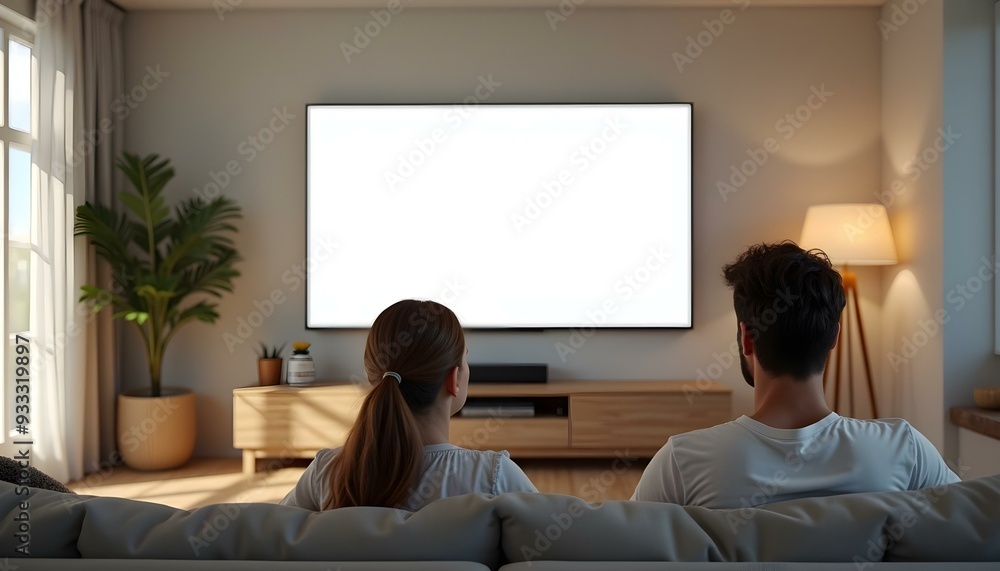 Two man watching TV concept, Young couple is watching TV with a blank ...