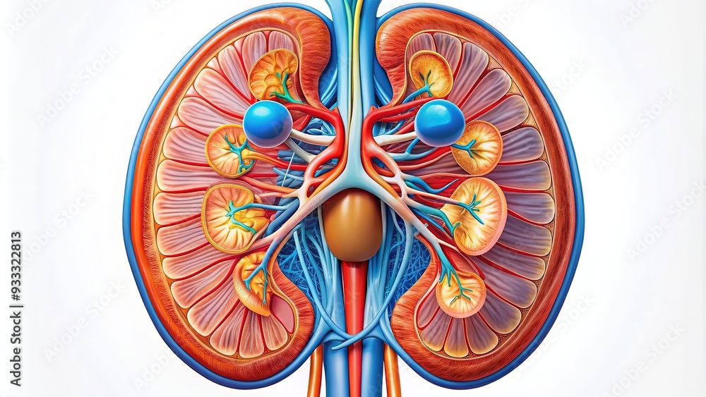 A detailed diagram of the human kidney, showcasing its internal ...
