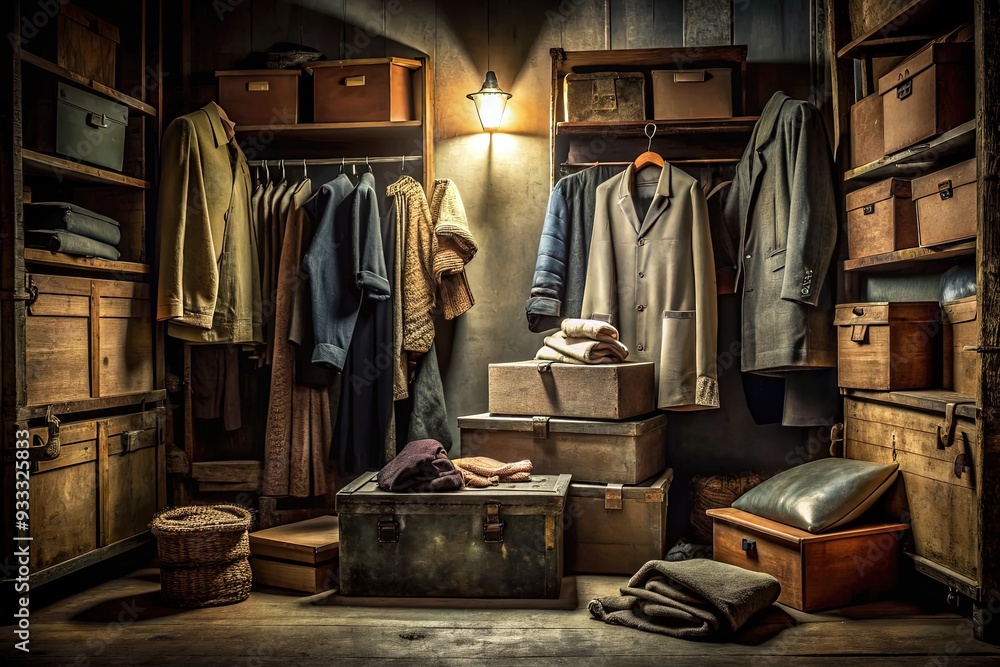 A dimly lit, cluttered closet with old trunks, dusty boxes, and ...