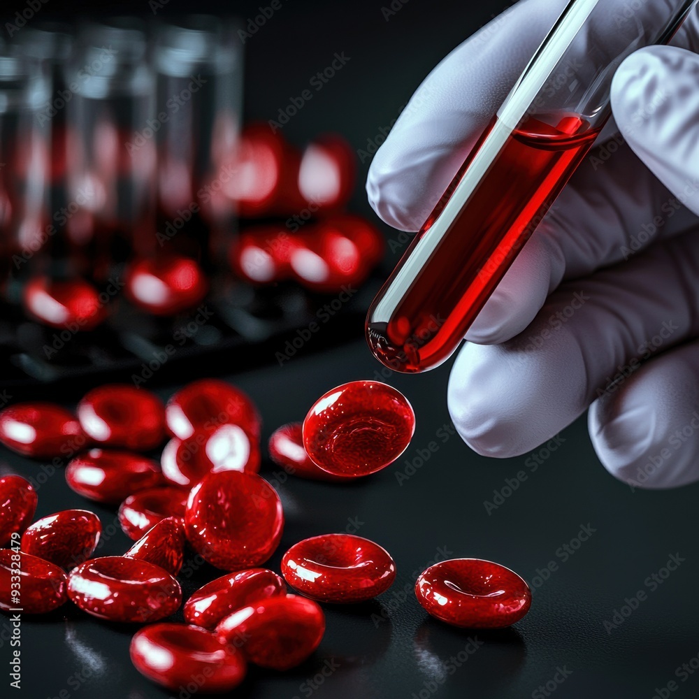 Close-up of blood sample and red blood cells in lab Detailed close-up ...