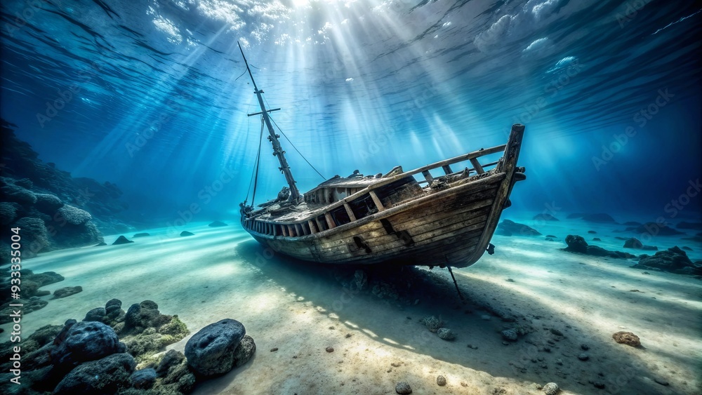 Sunken medieval ship resting on ocean floor , shipwreck, underwater ...