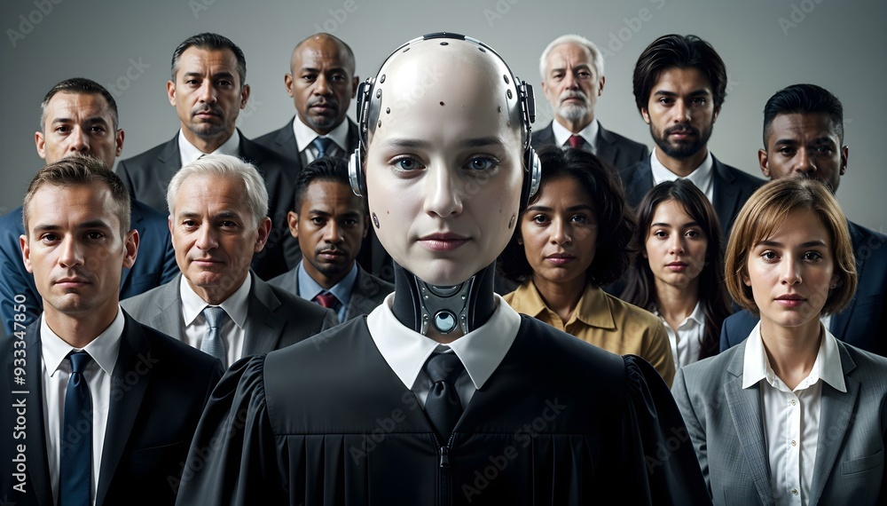 Realistic picture - robotic judge with people - ilfear of AI-induced bias and discrimination ...