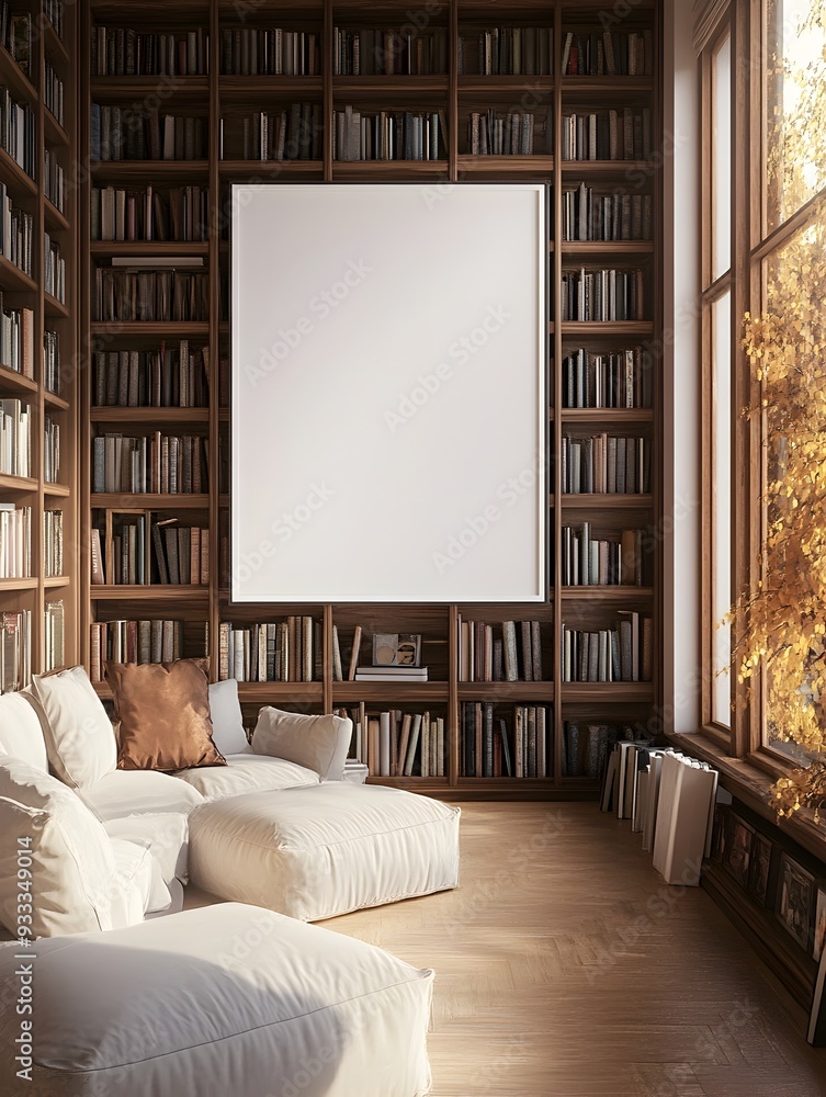 Cozy and eclectic home library setting with a 3D rendered white ...