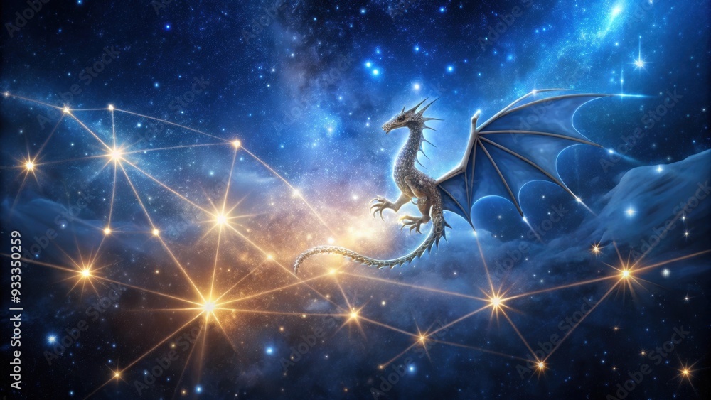 Draco constellation stars forming a dragon with wings soaring towards ...