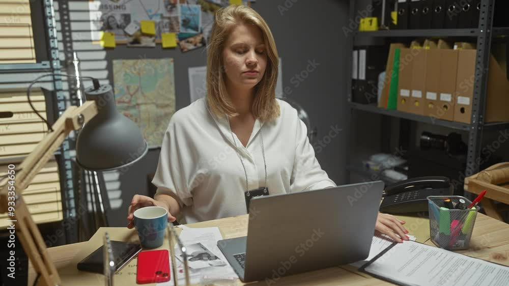 Blonde woman detective works in a cluttered office, with evidence ...