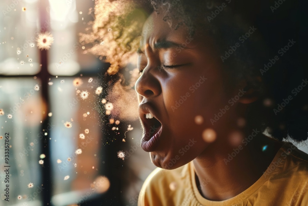 Sudden sneeze caught moment viral particles suspended mid-air. Allergic ...