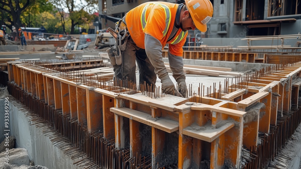 Worker Installing Rebar for Concrete Structure. Construction worker ...