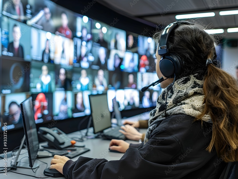 Person managing virtual conference from control room with multiple ...