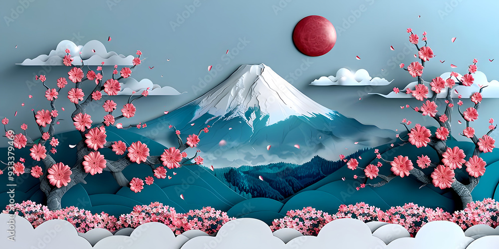 3d Blue, White Papercut Art: Snowy Mountain Landscape with Sun, Cherry ...