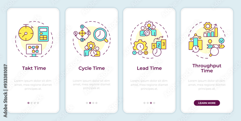 APM metrics onboarding mobile app screen. Workload efficiency. Walkthrough 4 steps editable ...