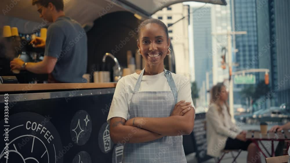 Brazilian Black Female Barista Standing Next to a Stylish Urban Food ...