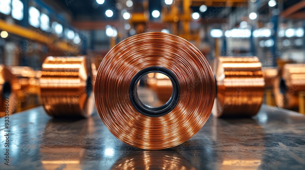 Spools of copper wire are lined up in a brightly lit manufacturing ...