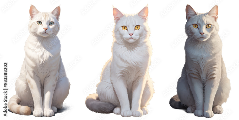 Three white cats sit side by side, each with different eye colors. From ...