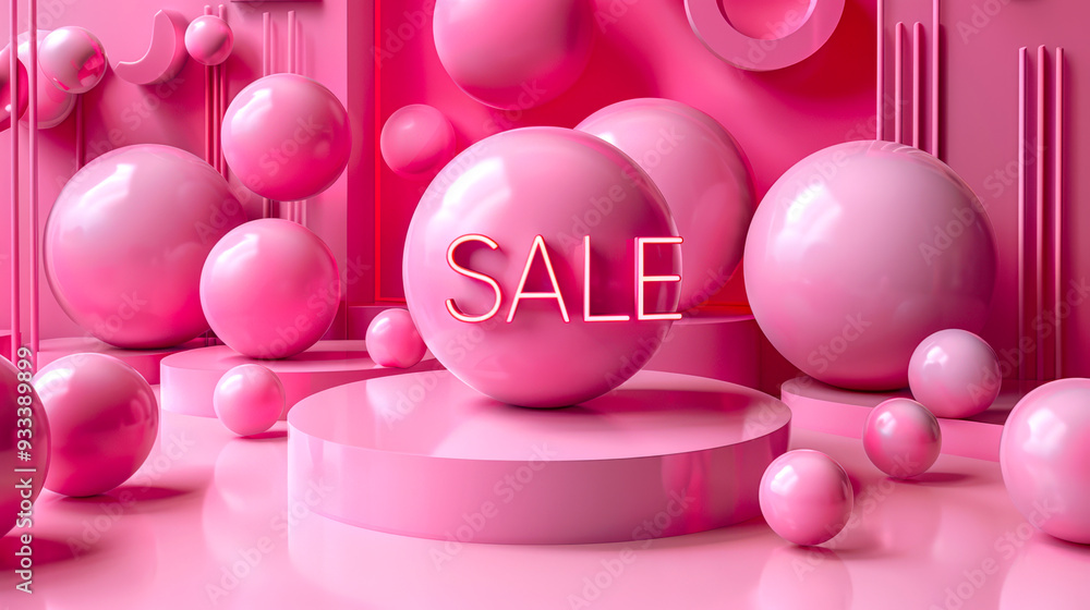 Pink background with pink balloons and pink inscription "SALE". The ...