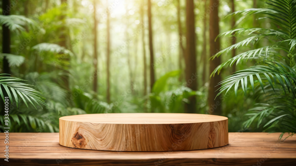 Outdoor Wooden Podium for Product Display Surrounded by Forest Trees ...