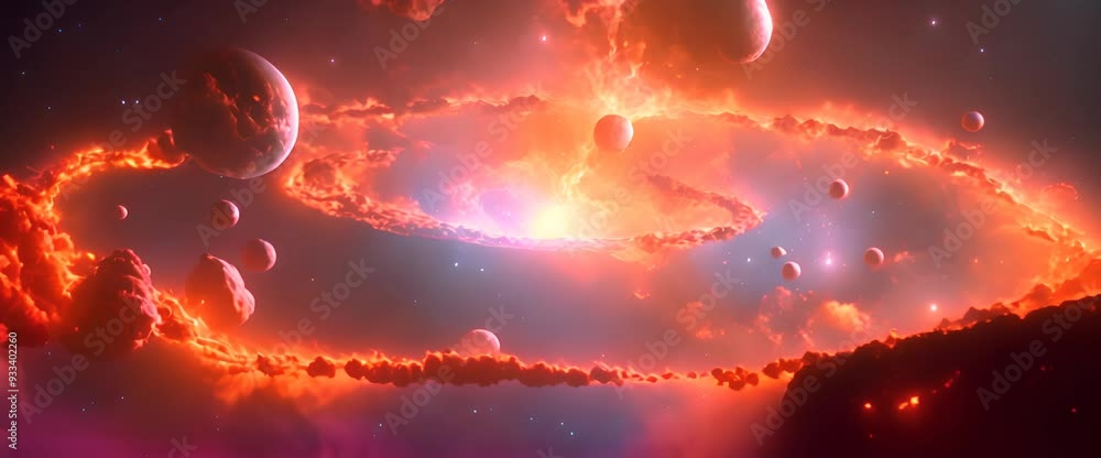 A fiery apocalypse in space destroys cosmic objects, with planets shattering like glass, stars ...